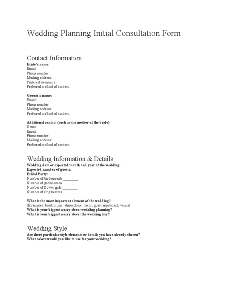 Wedding Planning Initial Consultation Form | Download Free PDF ...