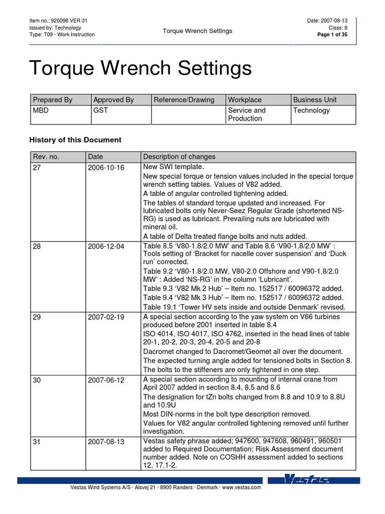 Torque Wrench Settings: History of This Document | PDF | Nut (Hardware ...