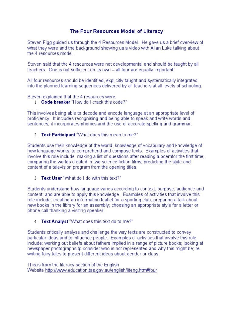 The Four Resources Model of Literacy | PDF | Literacy | Cognition