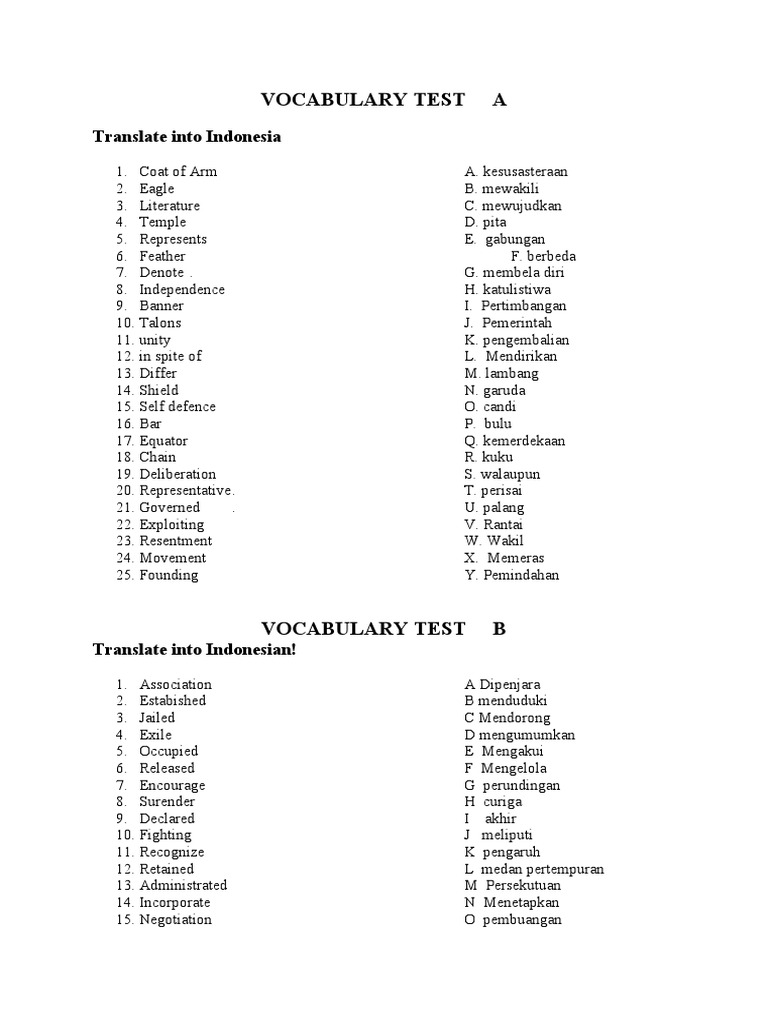 Vocabulary Test A: Translate Into Indonesia | PDF