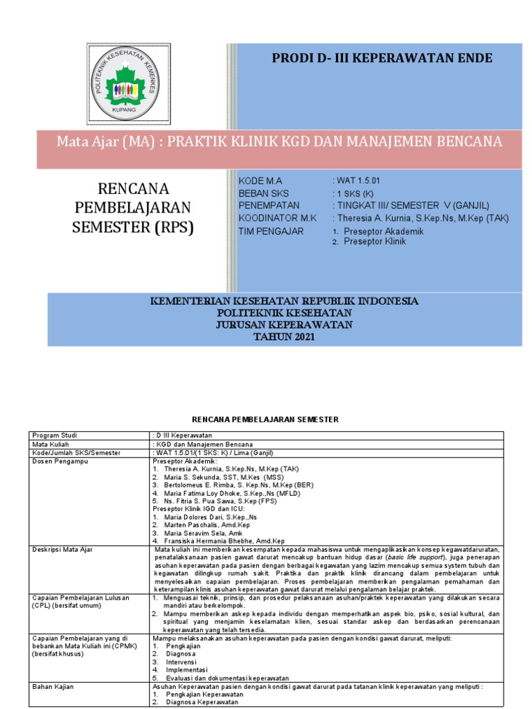 RPS Praktikum Klinik KGD Dan Manajemen Bencana 2021 | PDF | Sains & Matematika