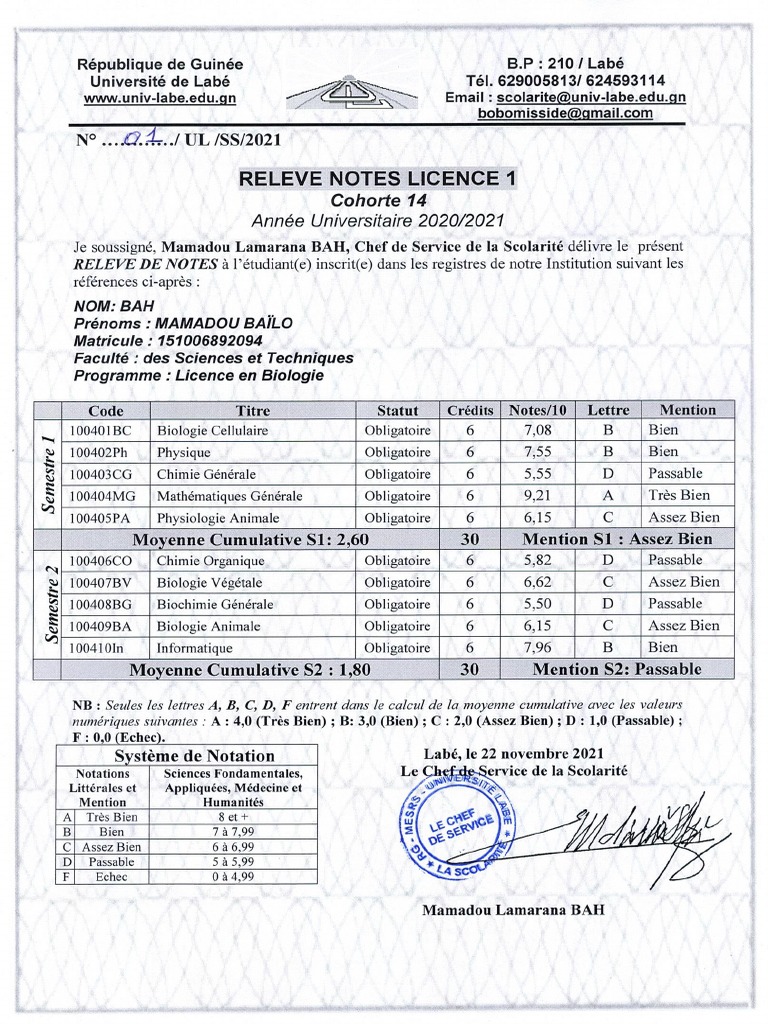 Releve de Notes | PDF