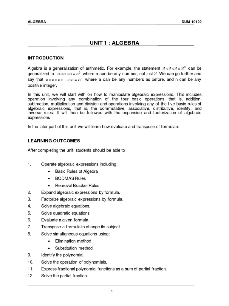 Unit 1 Algebra | PDF | Equations | Algebra