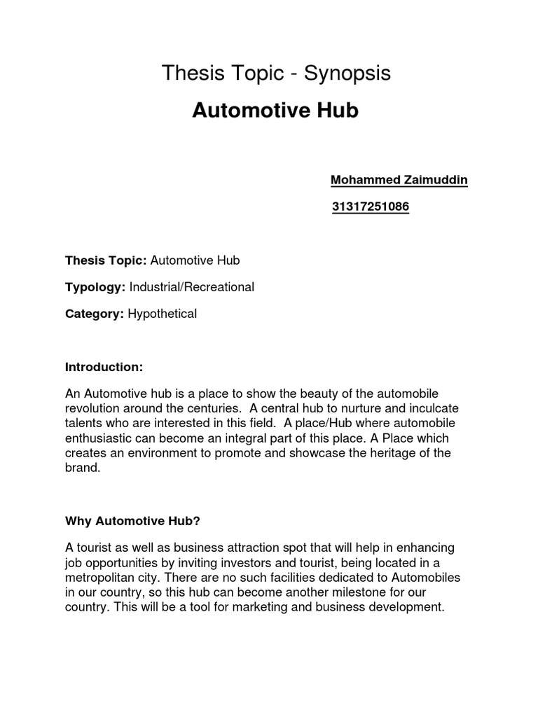 Automotive Hub: Thesis Topic - Synopsis | PDF | Car | Automotive Industry