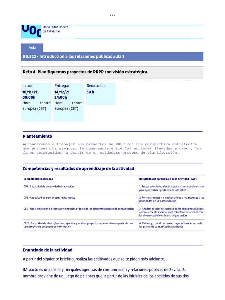 86.522 - Introducción A Las Relaciones Públicas Aula 3: Reto 4. Planifiquemos Proyectos de RRPP ...