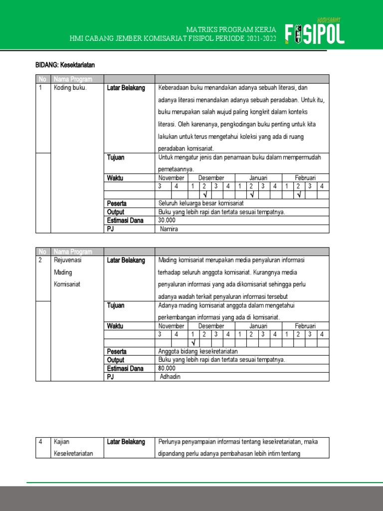 Matriks Program Kerja Hmi Cabang Jember Komisariat Fisipol Periode 2021-2022 | PDF