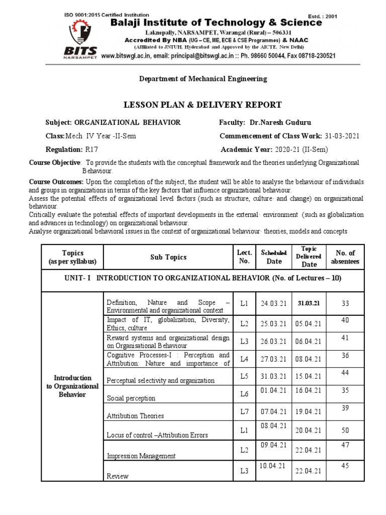 OB Lesson Plan & Delivery Report | PDF | Behavior | Organizational Behavior