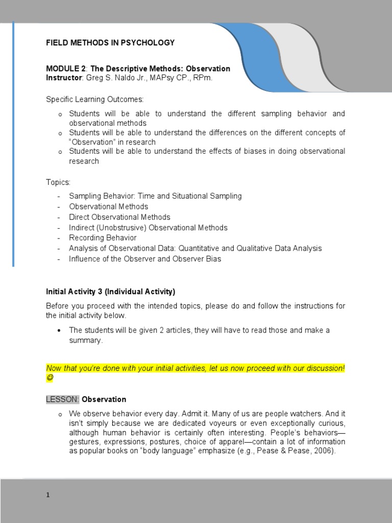 Field Methods in Psychology Module 2: The Descriptive Methods: Observation Instructor: Greg S ...
