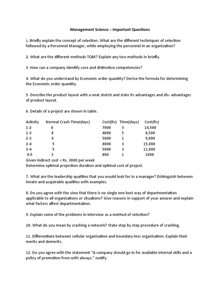 Management Science - Important Questions | PDF | Standard Deviation | Inventory