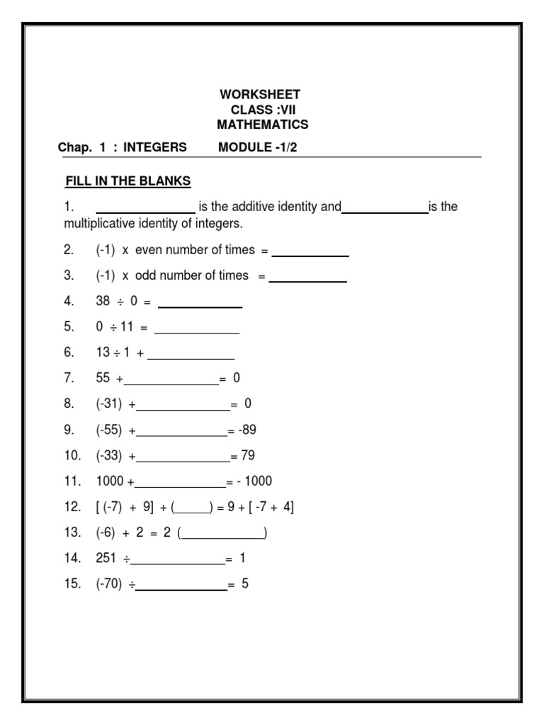 VII Maths Worksheet 1 - Integers | PDF | Numbers | Number Theory