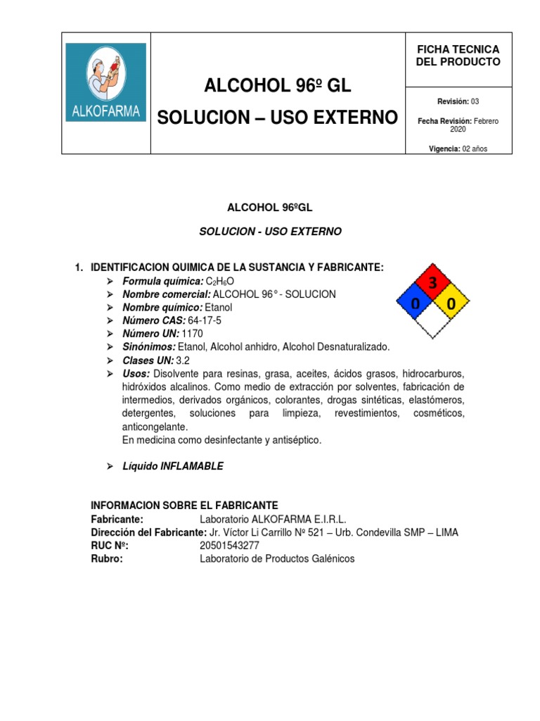 ALCOHOL 96º Ficha Tecnica | PDF | Alcohol | Etanol