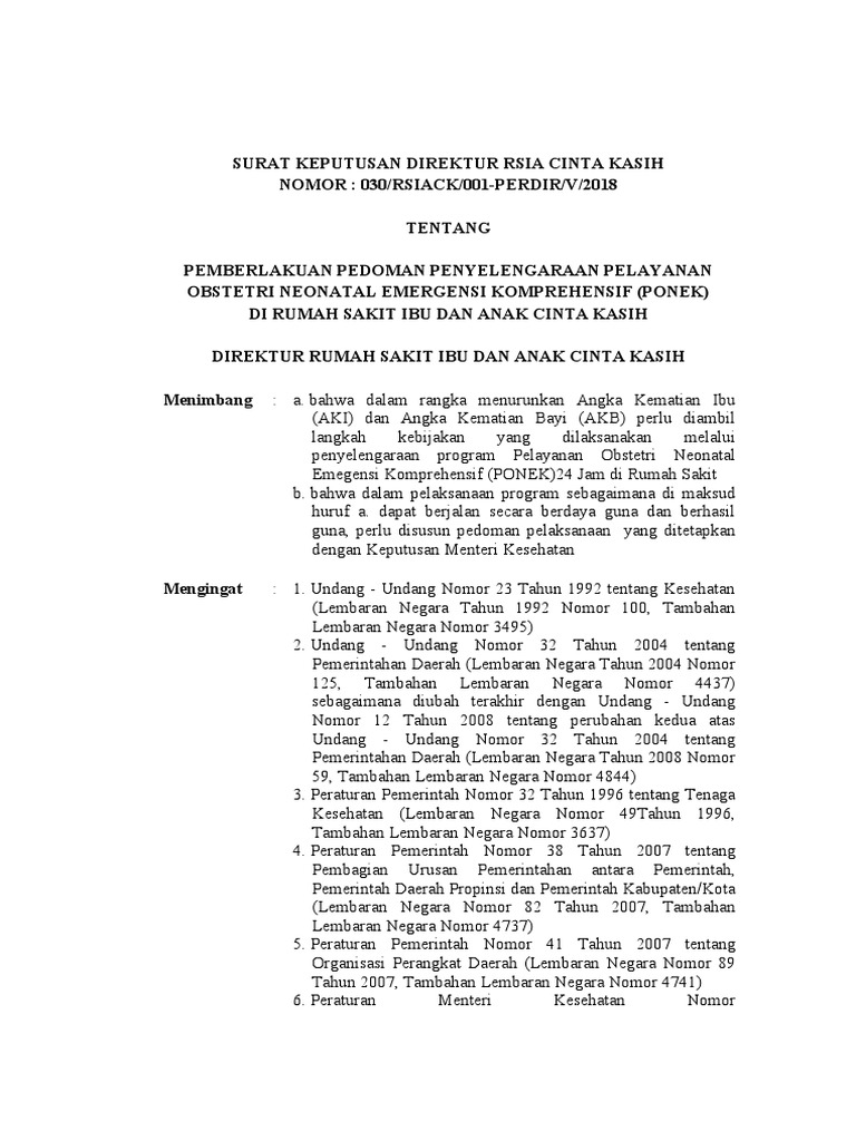 SK Pemberlakuan Pedoman Ponek | PDF