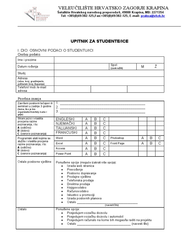 Upitnik Za Studente 2021 | PDF