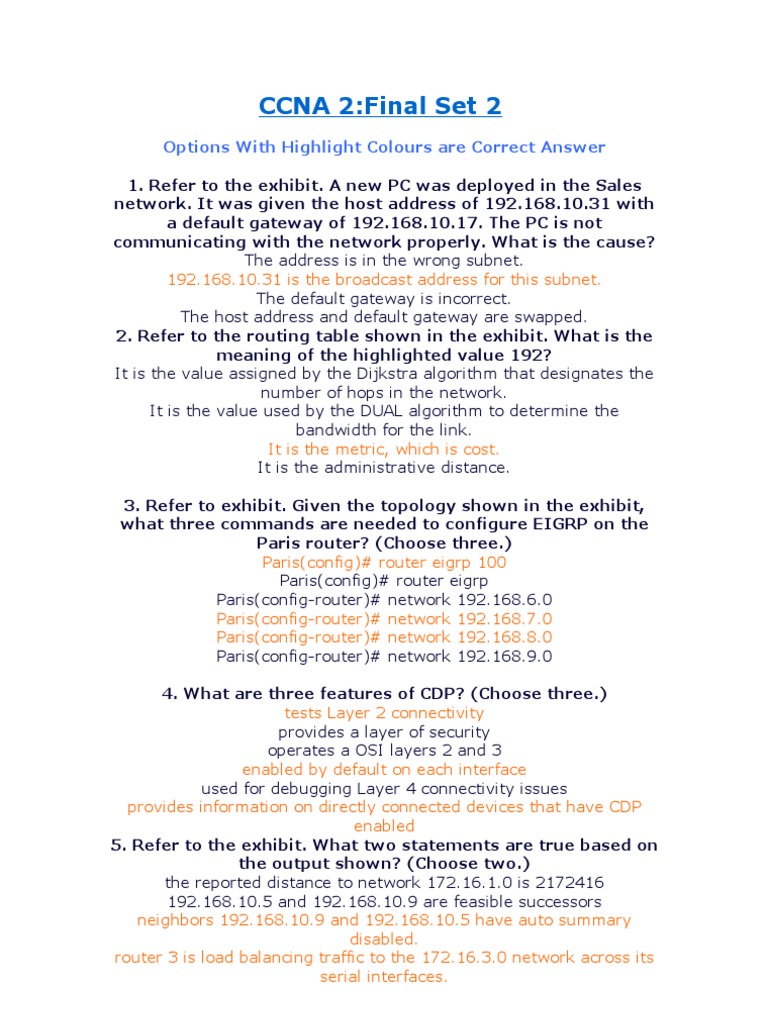 CCNA 2 Final Exam Questions and Answers | PDF