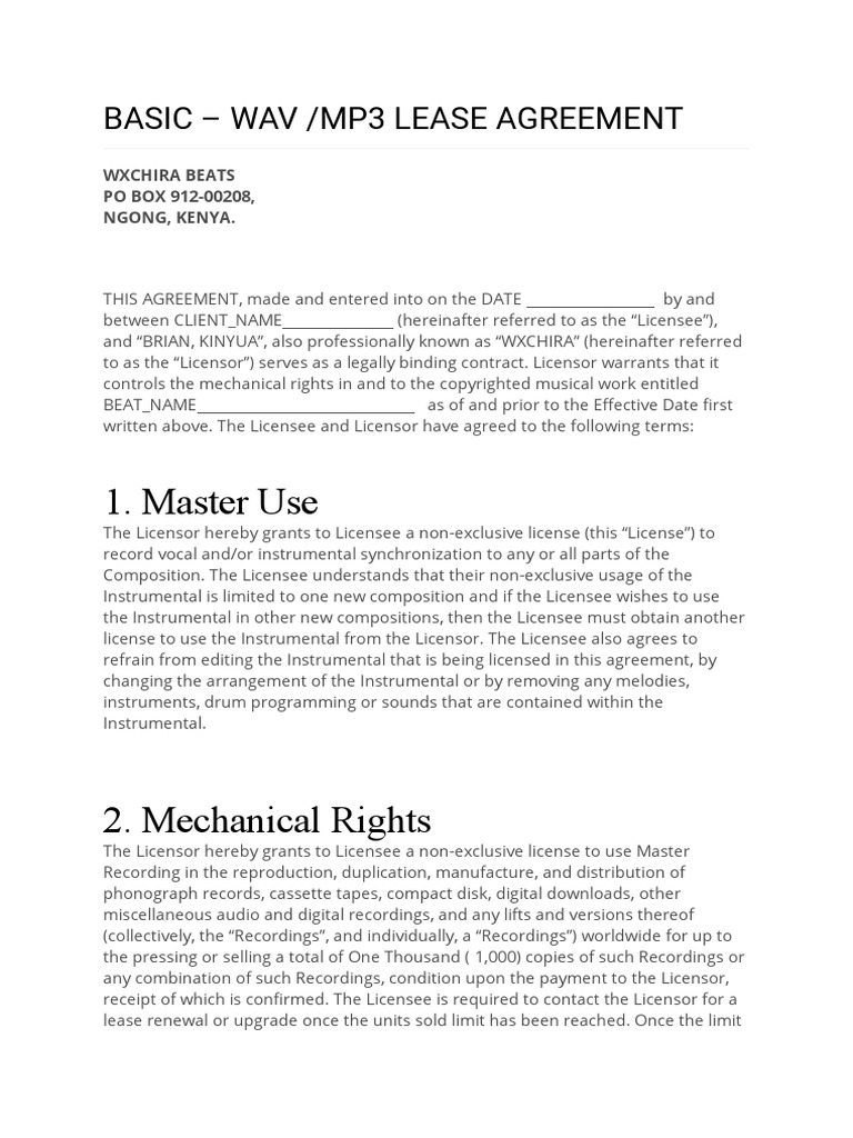 Master Use: Basic - Wav /Mp3 Lease Agreement | PDF | License | Sound ...