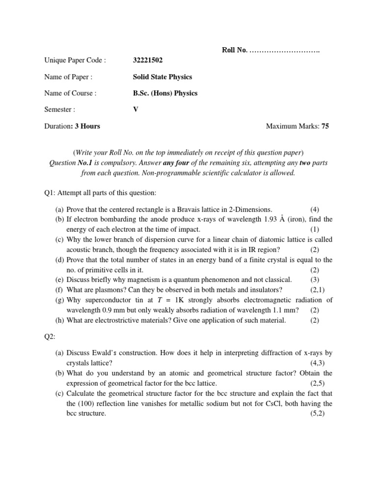 Solid State Physics Exam Questions | PDF | Dielectric | Electron