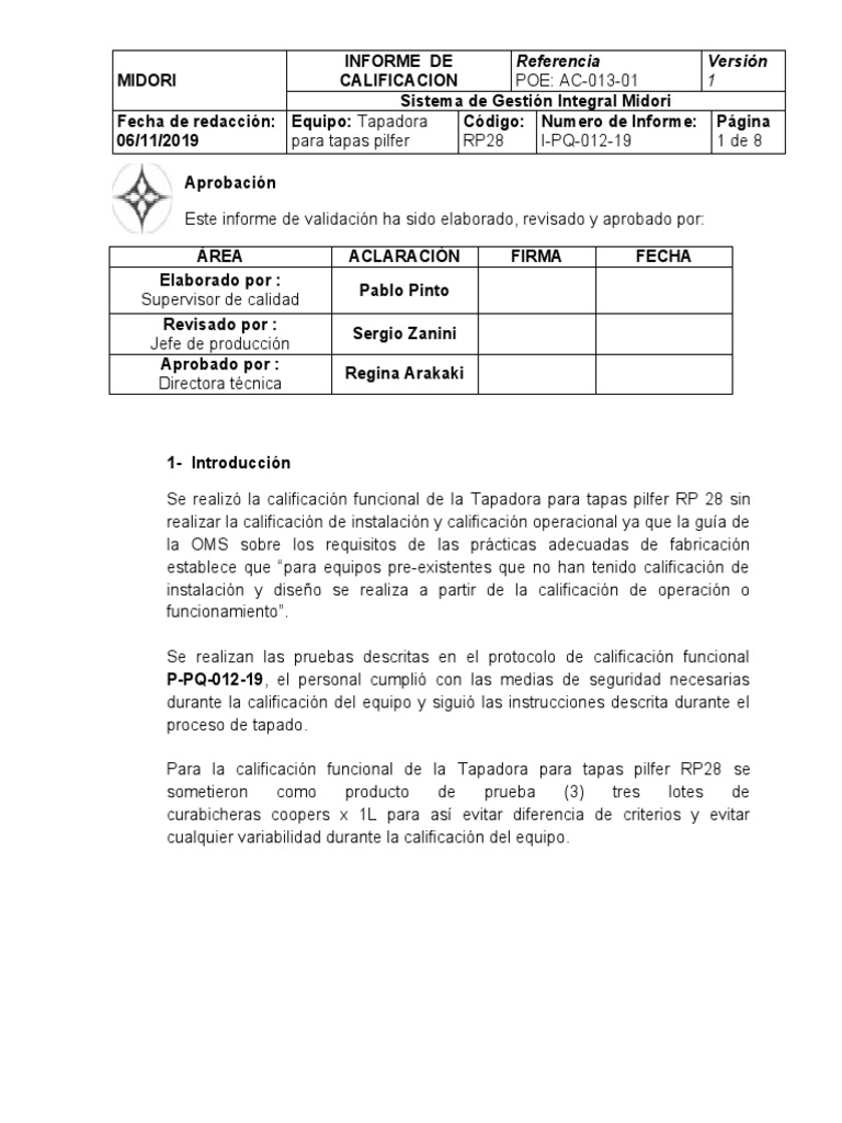 Informe de Calificacion para Tapas Pilfer RP28 | PDF