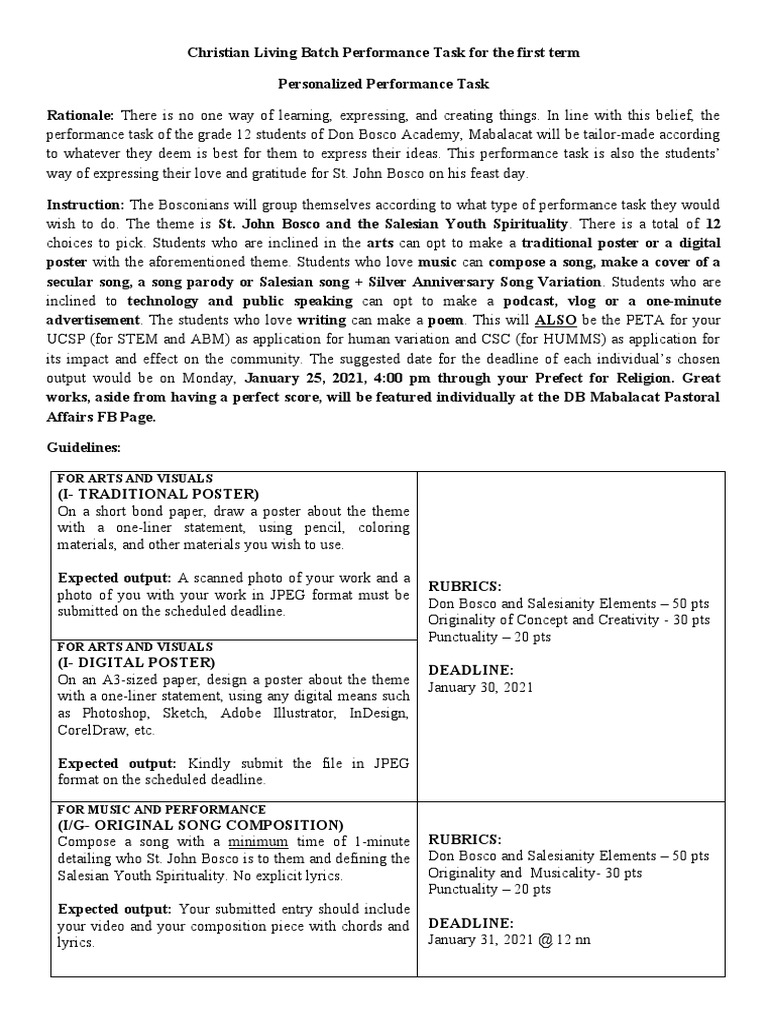 Christian Living Batch Performance Task Proposal For The First Term 2 ...