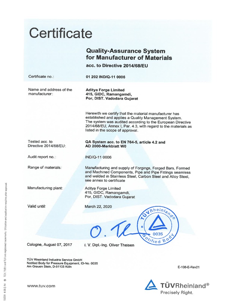 AFL PED Certificate | PDF | Pipe (Fluid Conveyance) | Mechanical ...