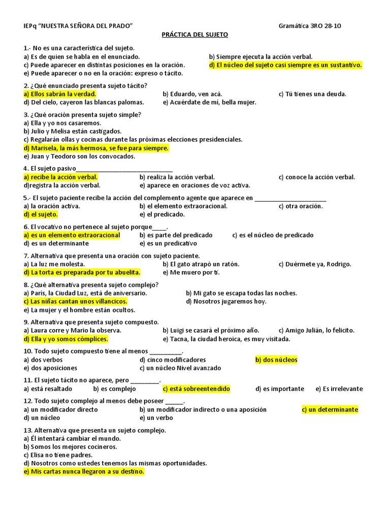 Ejercicios sobre sujeto y predicado | PDF | Asunto (gramática ...