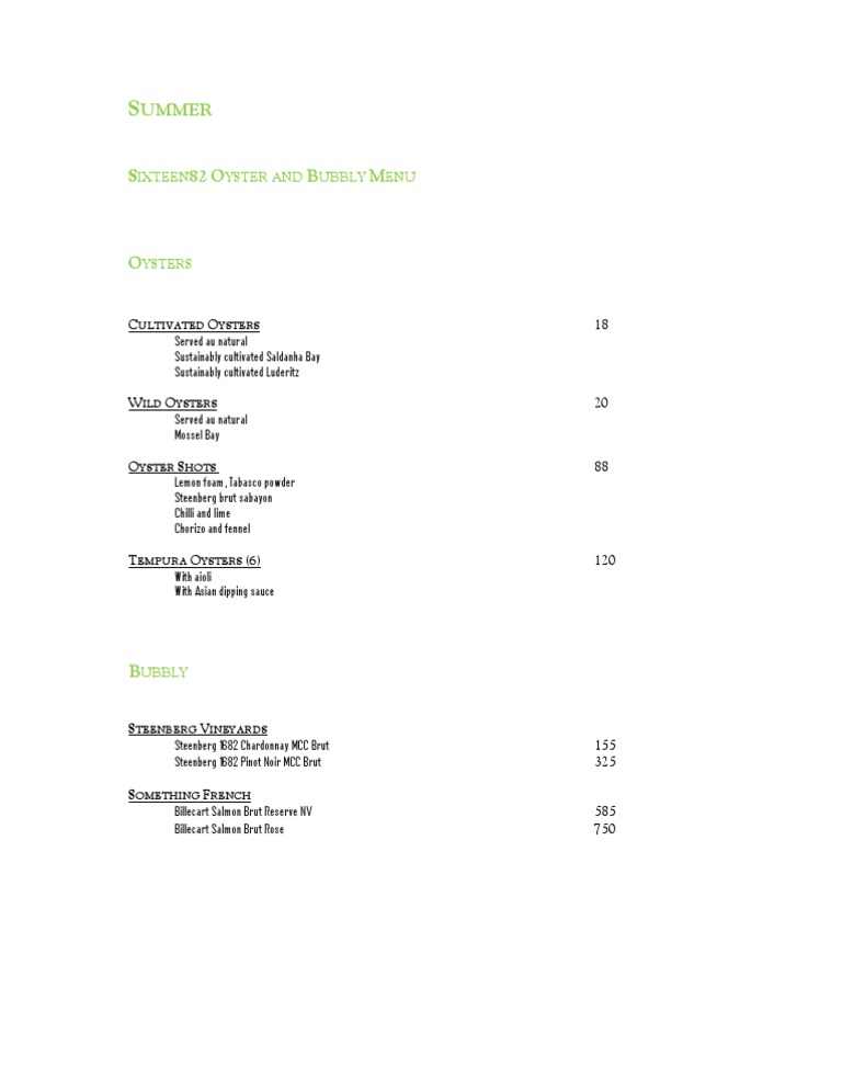 Summer Oyster and Bubbly Menu | PDF