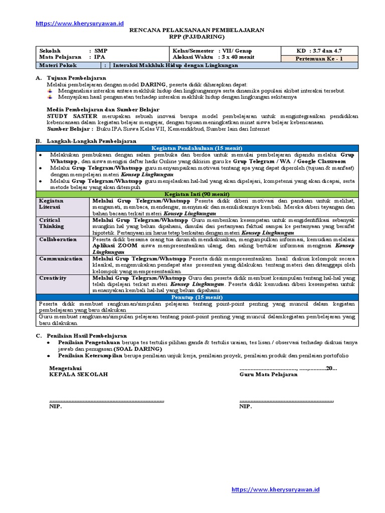 RPP 8 - 1 Lembar IPA Kelas 7 Sem. 2 - WWW - Kherysuryawan.id | PDF