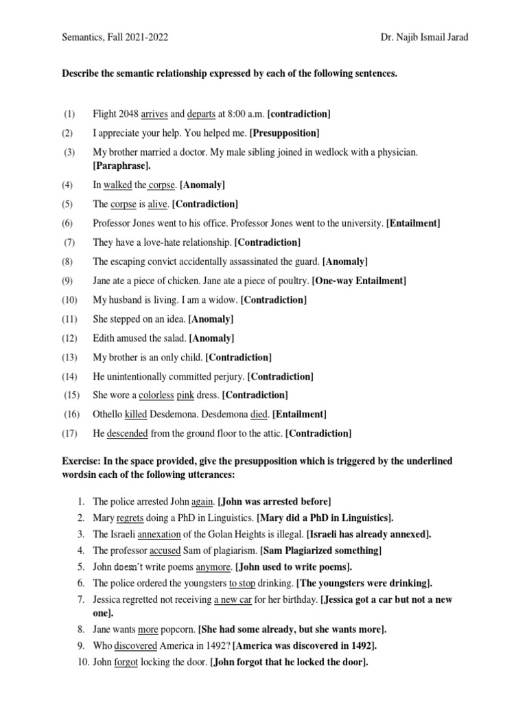 Exercises On Semantic Relationships and Presupposition | PDF