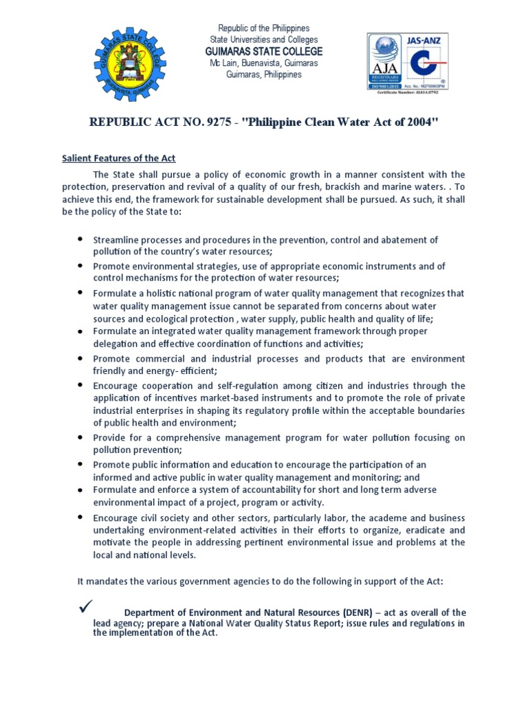 REPUBLIC ACT NO. 9275 - "Philippine Clean Water Act of 2004" | PDF ...