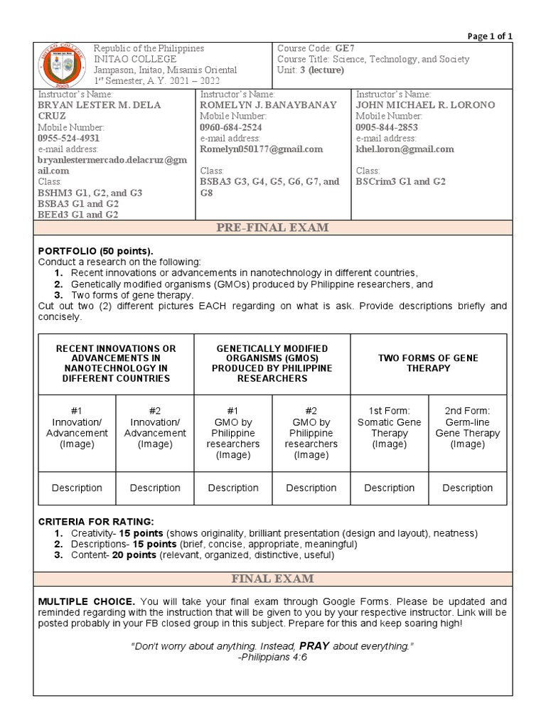 GE7 - Pre-Final Exam | PDF | Genetically Modified Organism | Genetic Engineering