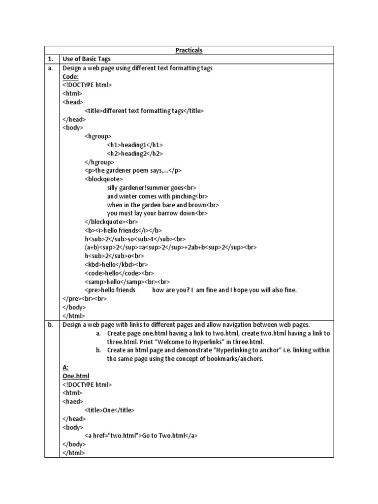 Practicals 1. Use of Basic Tags Code | PDF | World Wide Web | Internet ...
