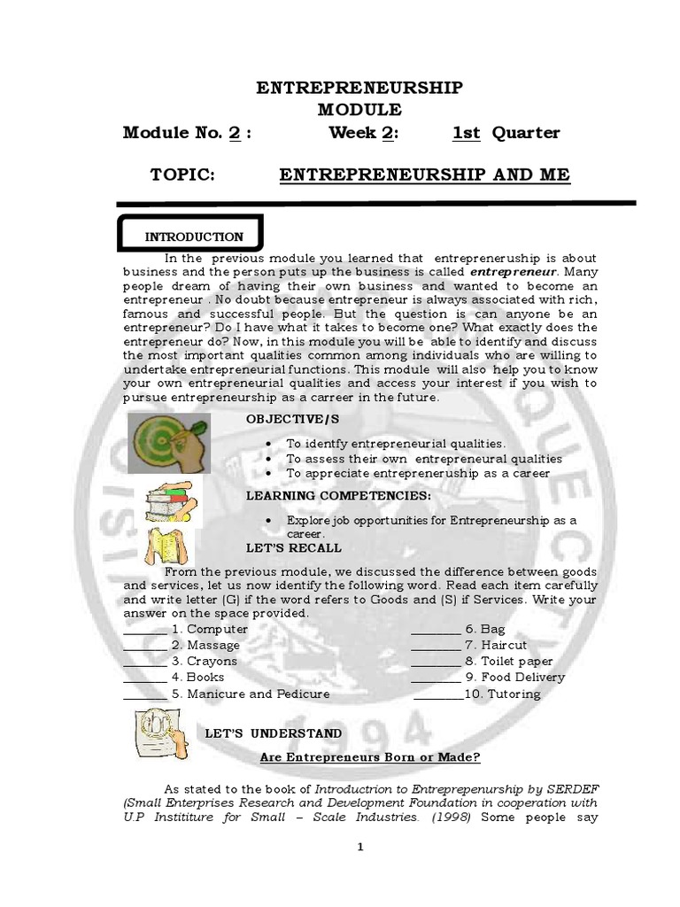 Entrepreneurship Module No. 2: Week 2: 1st Quarter Topic ...