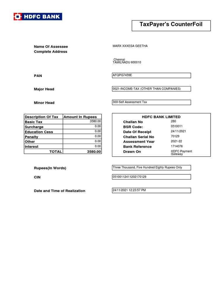 Taxpayer'S Counterfoil | PDF