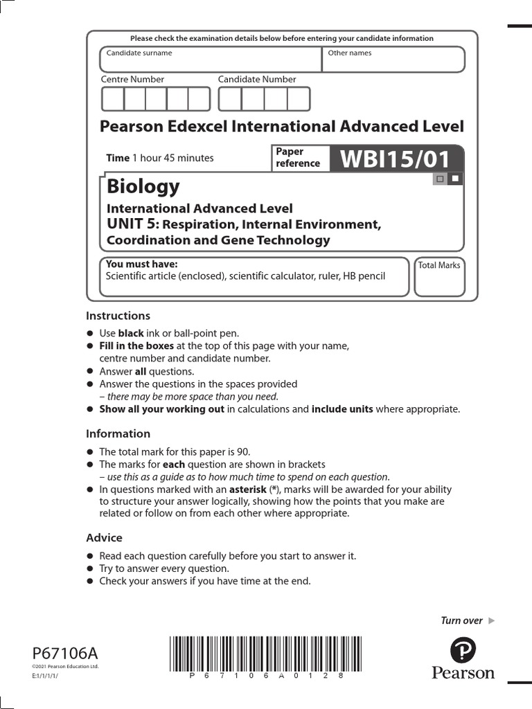 Edexcel IAL Biology October 2021 Unit 5 Question Paper | PDF | Retina ...