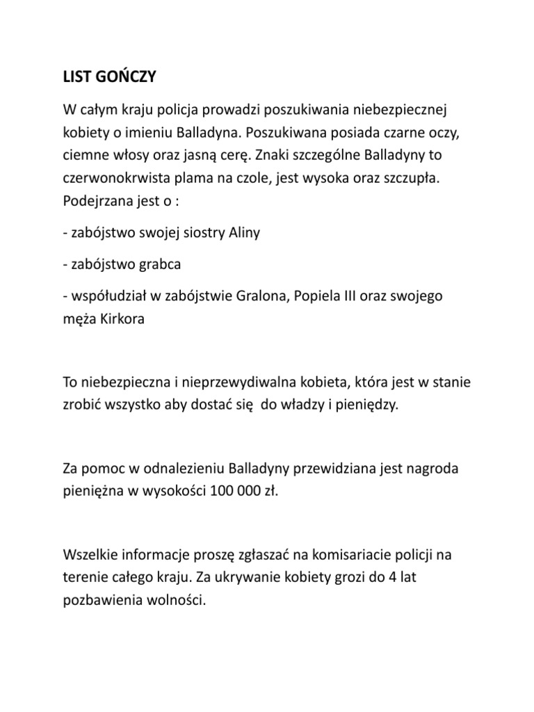 List Gończy - Balladyna | PDF