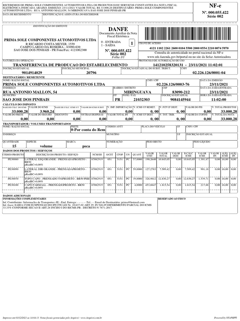 Prima Sole Componentes Automotivos Ltda: Folha 1/1 | PDF | Recibo ...