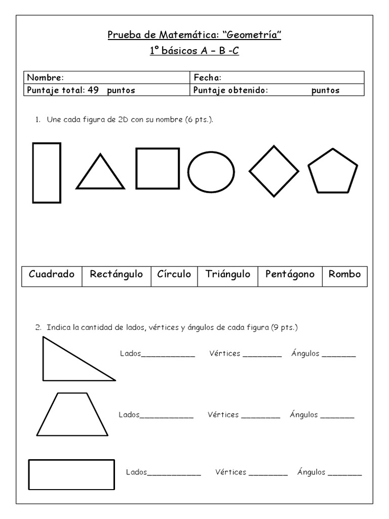 Prueba Sobre Figuras 2D y 3D - 1ros Básicos 2021 | PDF