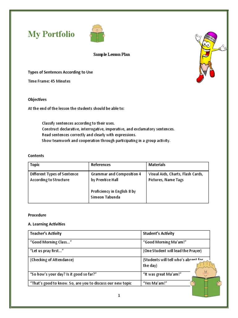 My Portfolio Sample Lesson Plan | PDF | Question | Sentence (Linguistics)