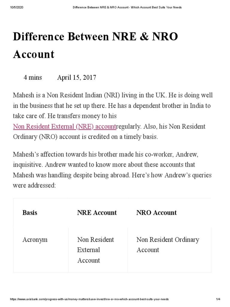 Difference Between NRE & NRO Account: 4 Mins April 15, 2017 | PDF ...