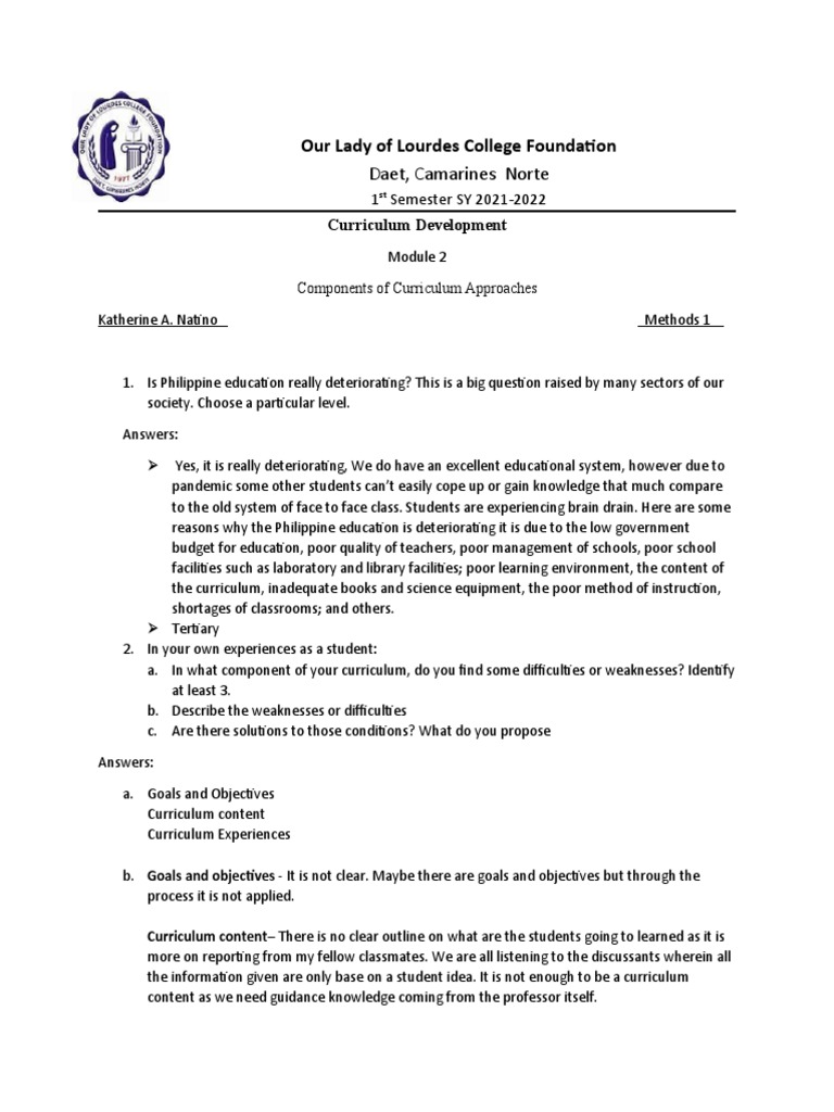 Answers Module 2 Curriculum Development | PDF | Curriculum | Teachers