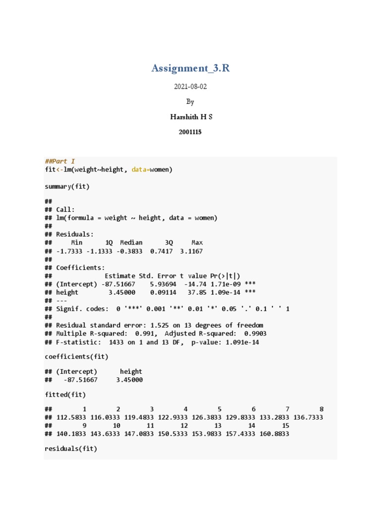 Assignment - 3.R: 2021-08-02 by Harshith H S 2001115 | PDF | Errors And Residuals | Coefficient ...