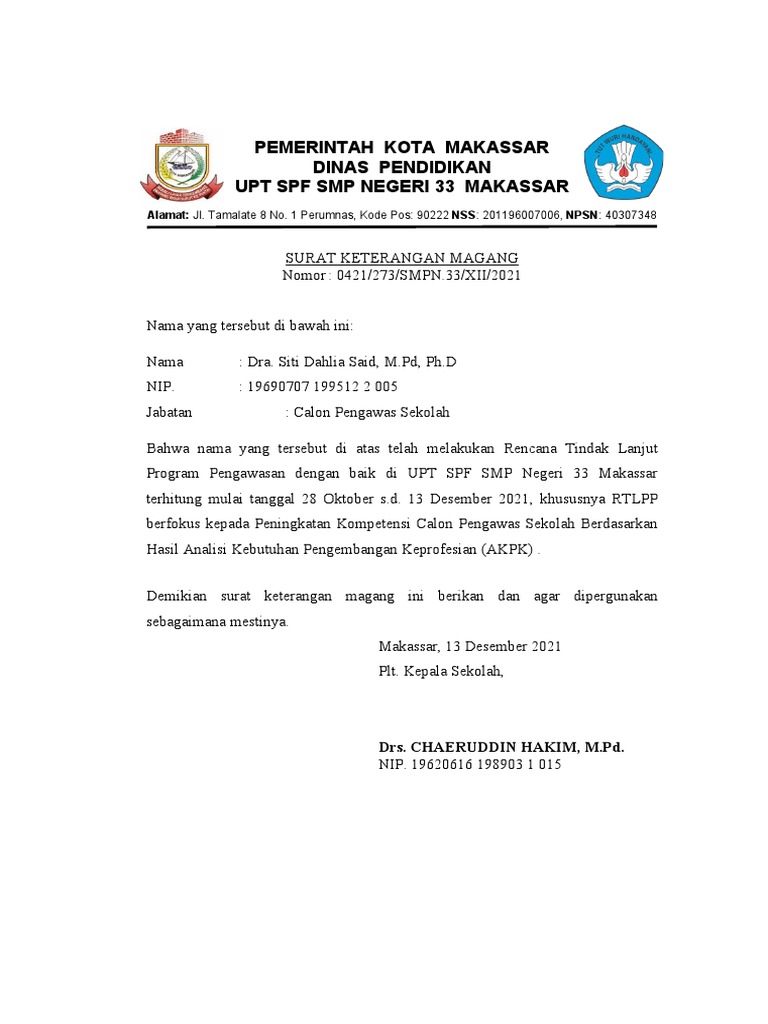 Surat Keterangan Magang SMP Negeri 33 | PDF