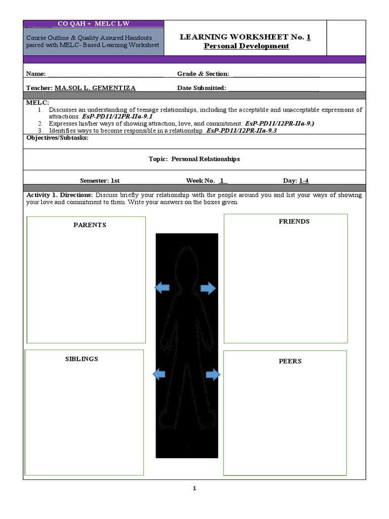 Learning Worksheet No. 1 Personal Development: Co Qah + Melc LW | PDF | Rubric (Academic ...