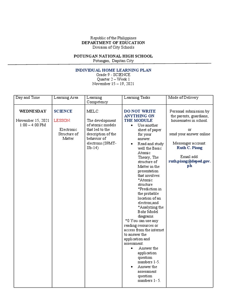 Individual Home Learning Plan | PDF | Electromagnetic Radiation ...