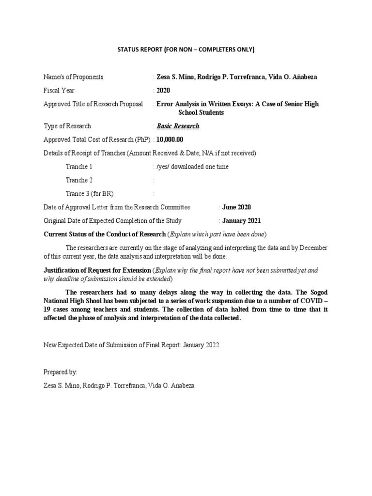 Sample Status Report On Berf | PDF | Science & Mathematics