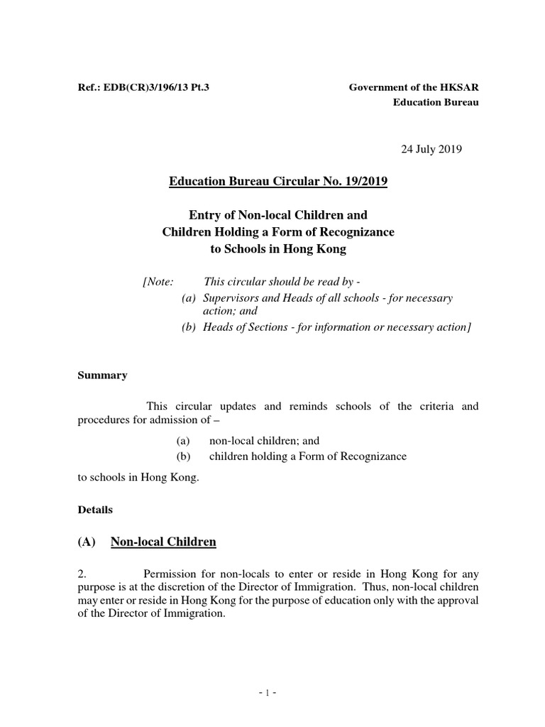 EDB Circular 2019 07 School Admissions | PDF | Birth Certificate ...