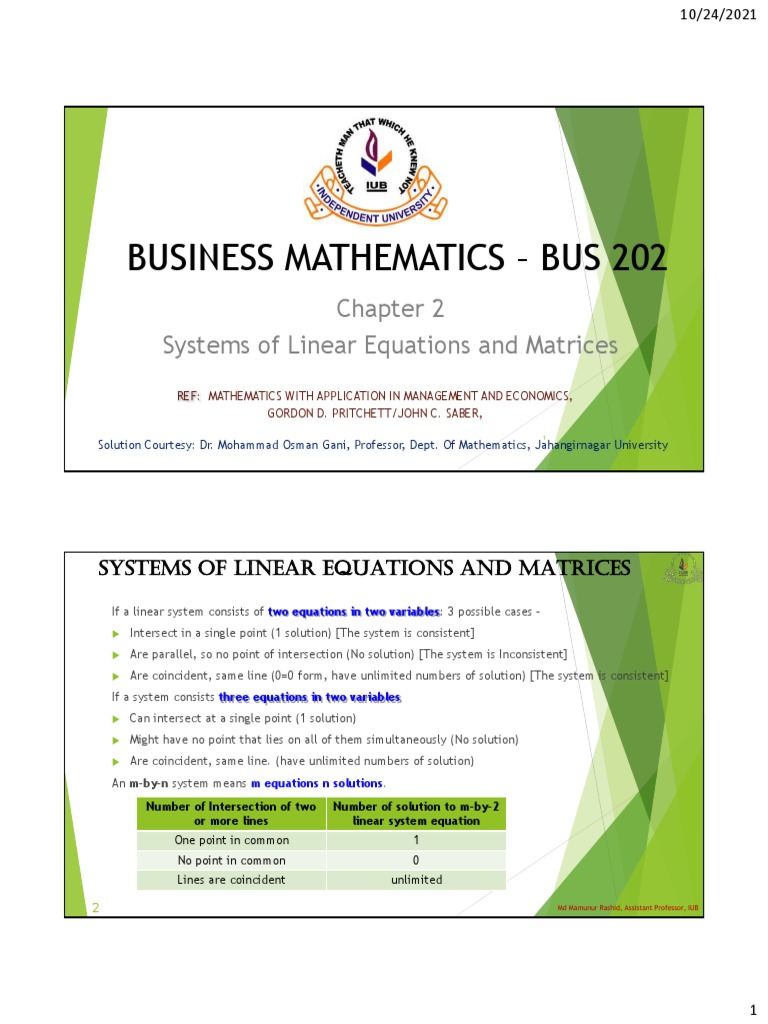Business Mathematics - Bus 202: Systems of Linear Equations and ...