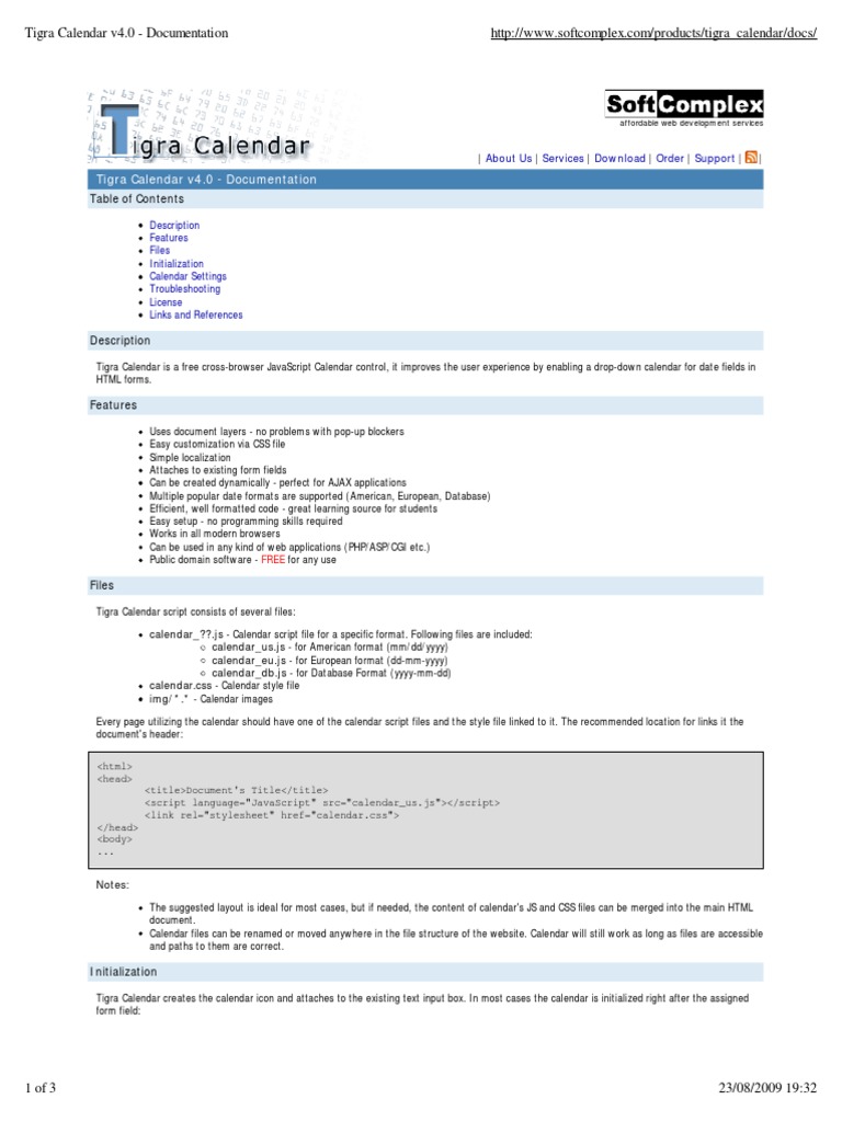 Tigra Calendar v4.0 - Documentation | PDF | Internet & Web | World Wide Web