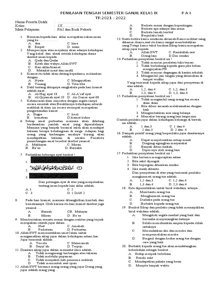 SOAL PTS Kls 9 Ganjil PJJ | PDF