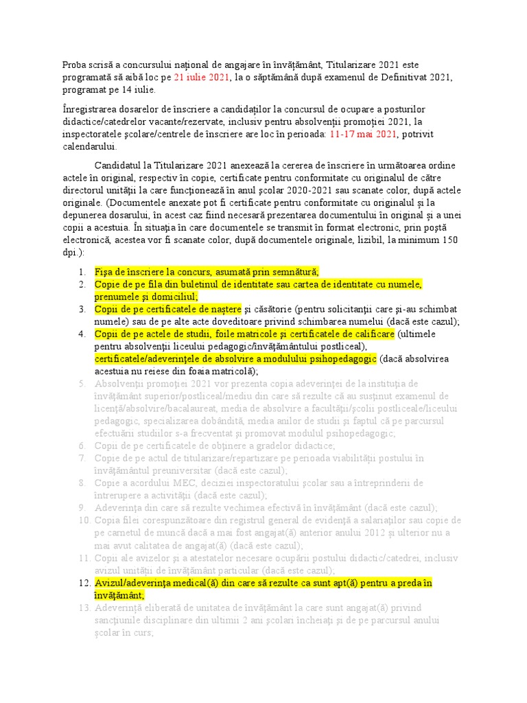 Acte Necesare Titularizare | PDF