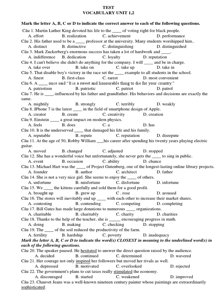 Test Vocabulary Unit 1,2 Mark The Letter A, B, C or D To Indicate The ...